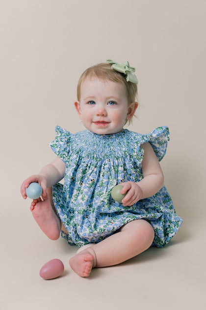 Smocked Floral Bubble Romper- Hydrangea & Bee Print – Pleats and Stitches