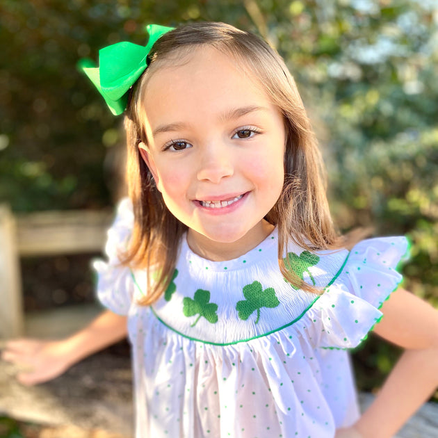 Shamrock Smocked Bishop Dress in Polka Dots - St. Patrick's Day ...